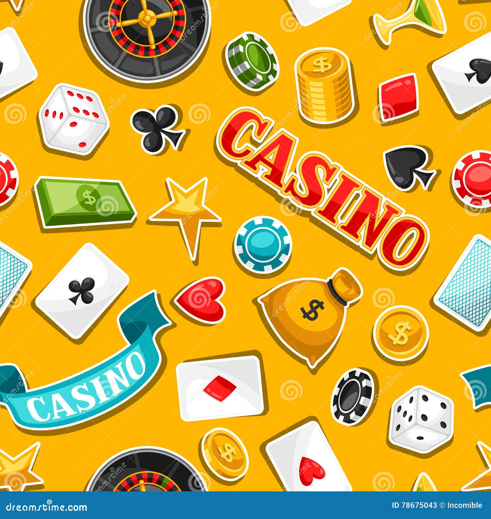 Casino Gambling Seamless Pattern with Game Sticker Objects Stock Vector ...