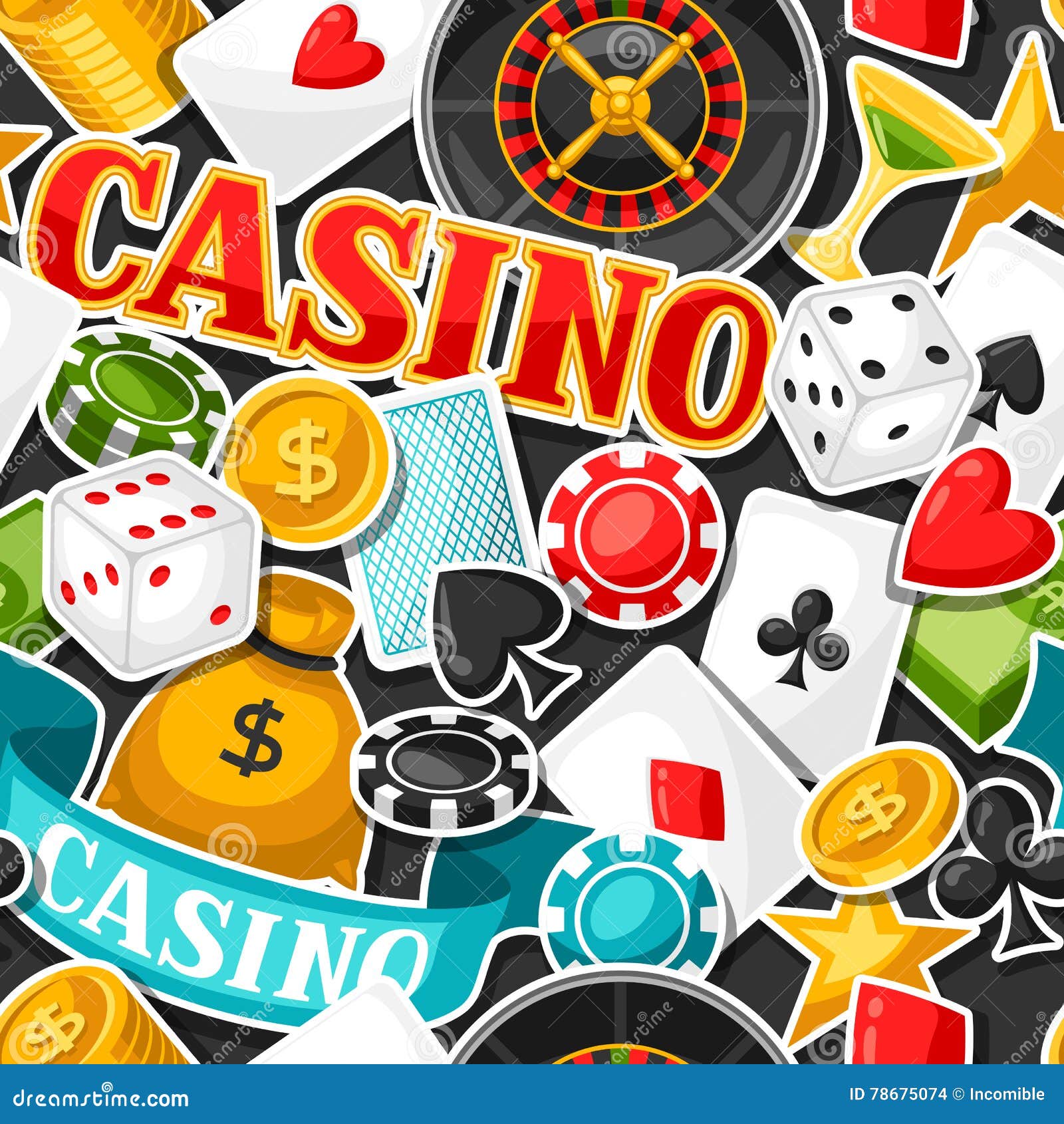 Casino Gambling Seamless Pattern with Game Sticker Objects Stock Vector ...