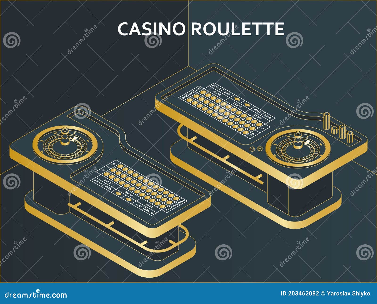 Casino Roulette Table in Isometric Flat Style. Wheel, Chips and Dices ...