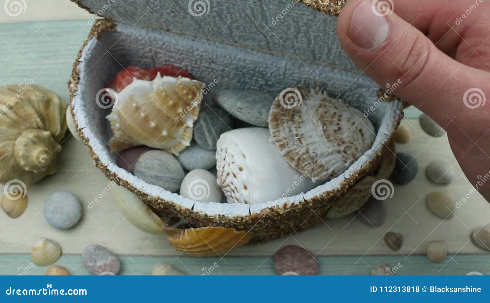 Casket with seashells stock footage. Video of summertime - 112313818