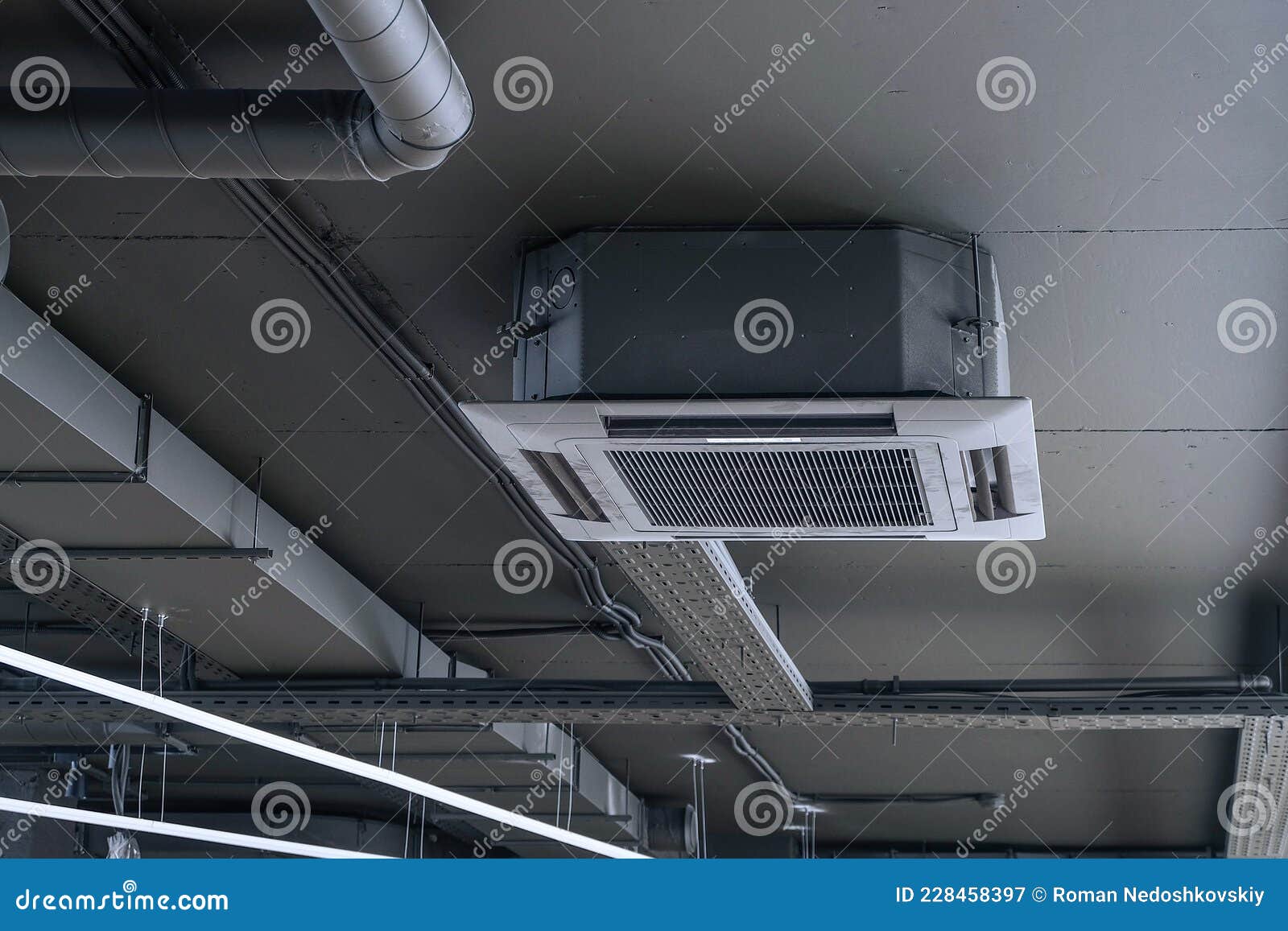 Cassette Split System on Gray Ceiling with Ventilation Ducts Stock Image - Image of blowing ...