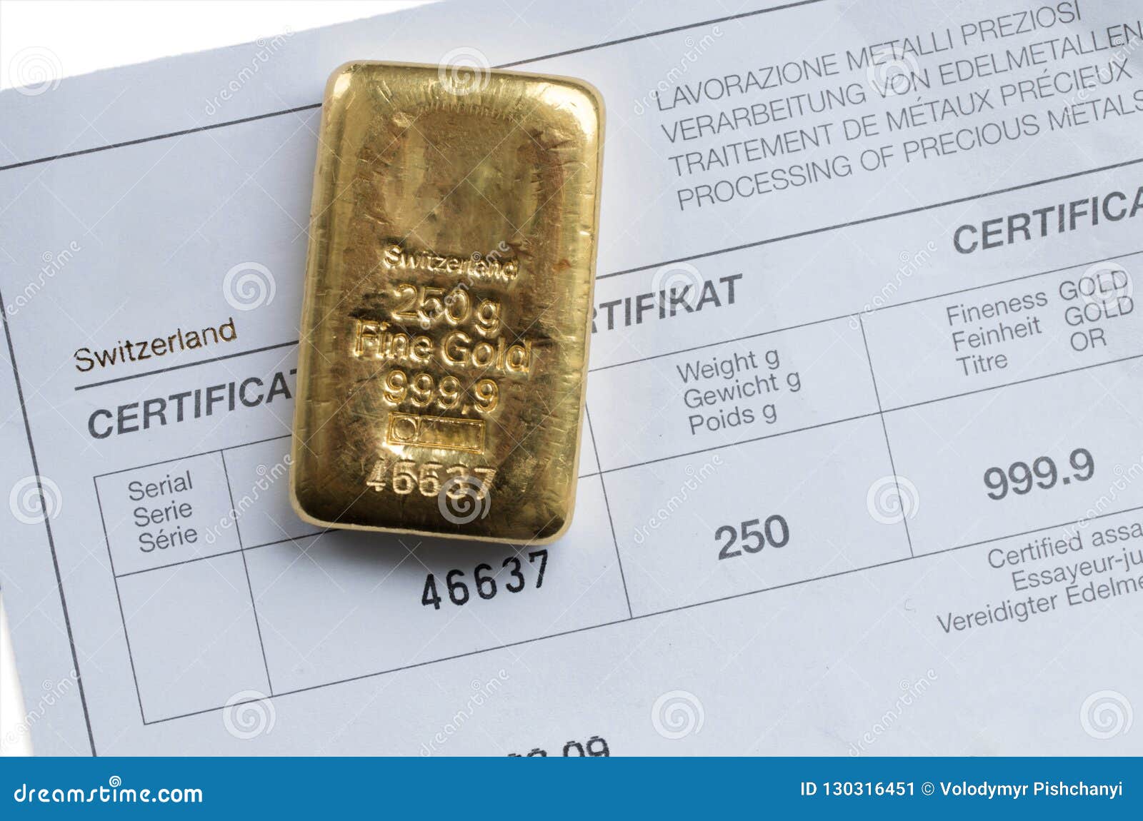 The Certificate Of Assay For Gold Bars Lies On A Cast Gold Ingot. Stock ...