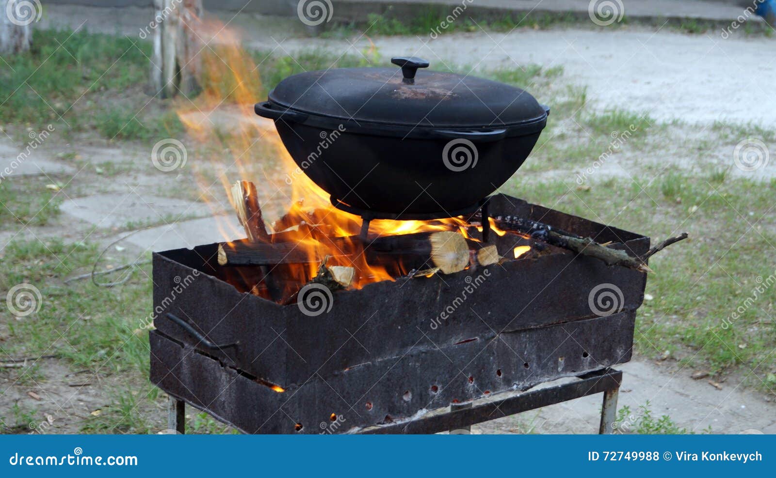 Cast Iron Cauldron is on the Grill Stock Photo - Image of summer, green ...