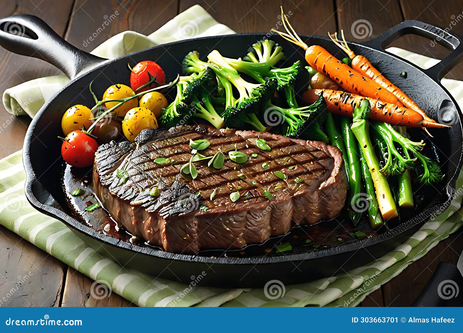 Cast Iron Pan Containing a Grilled Beef Steak Juxtaposed with an Array ...