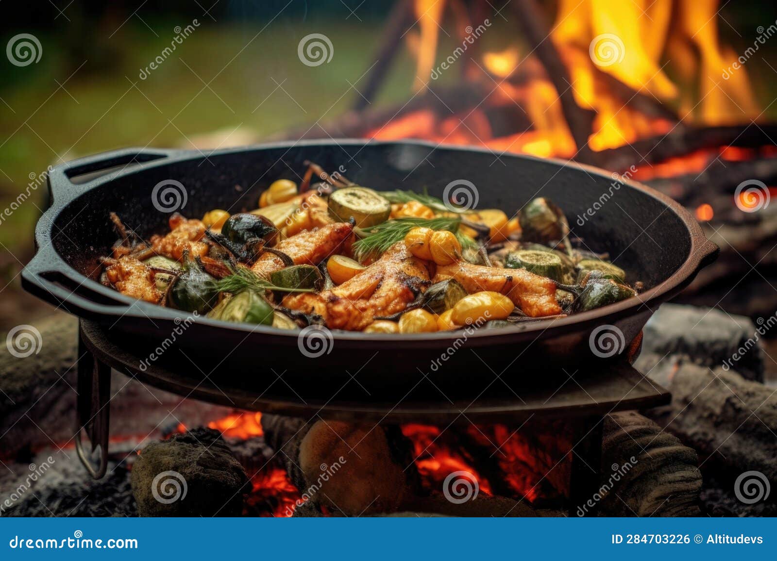 Cast Iron Pan with Sizzling Food on Open Fire Stock Illustration ...