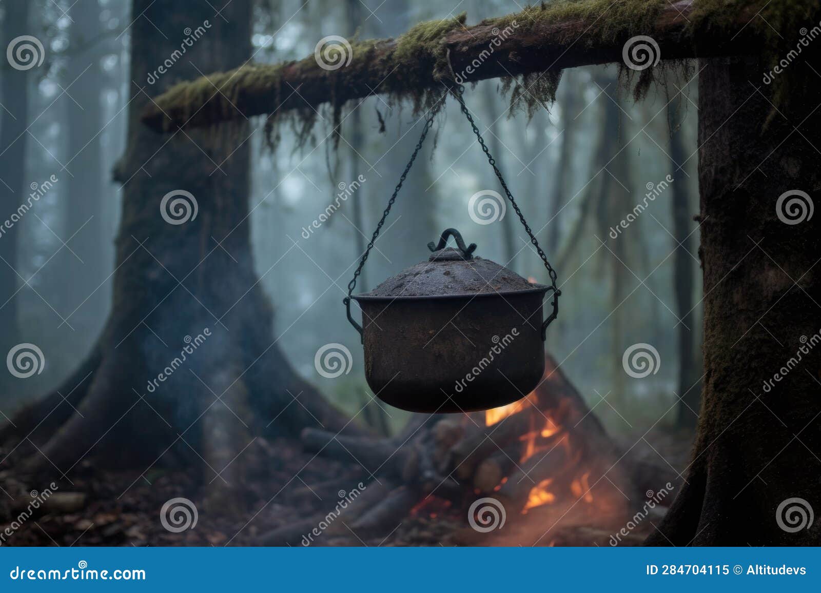 Cast-iron Pot Hanging Above Campfire, Smoke Rising Stock Image - Image ...