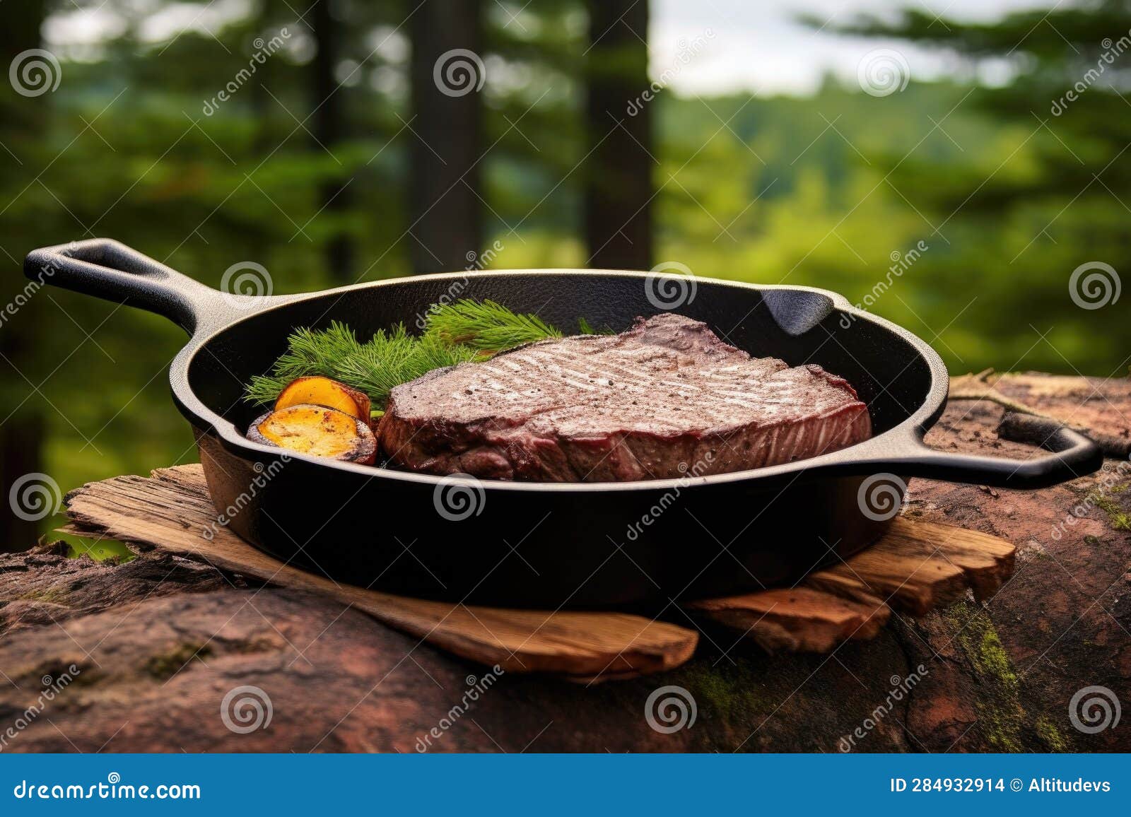 Cast Iron Skillet with Steak Cooking Outdoors Stock Photo - Image of ...
