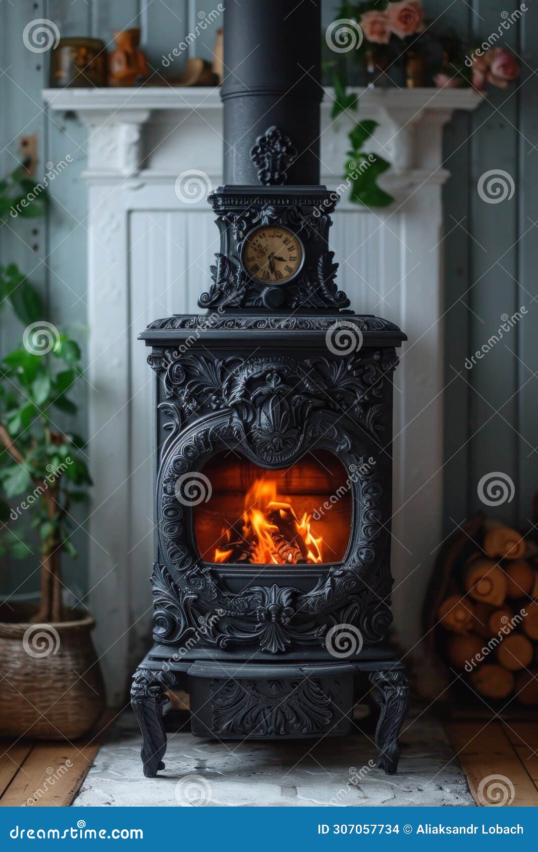Cast-iron Stove in a Rustic House with a Fire Lit Inside To Heat the ...