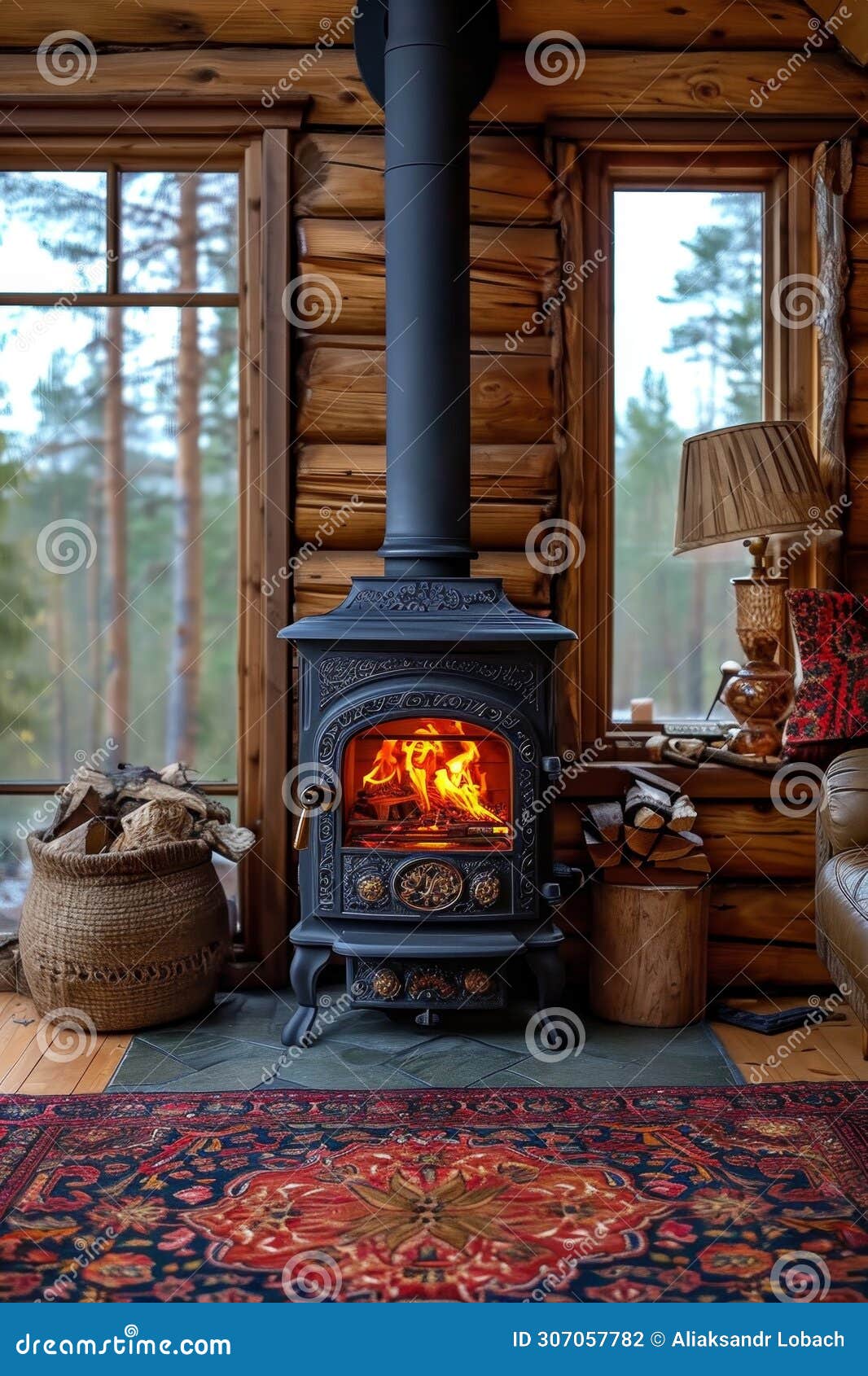Cast-iron Stove in a Rustic House with a Fire Lit Inside To Heat the ...