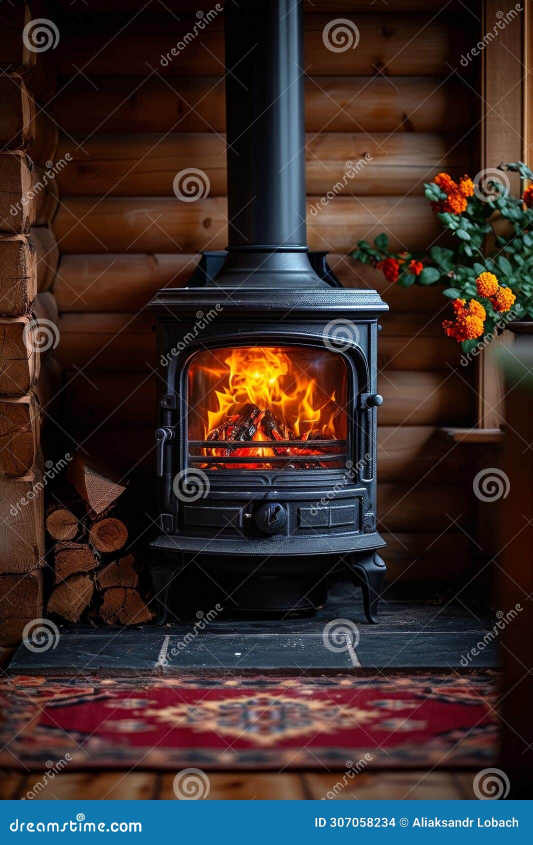 Cast-iron Stove in a Rustic House with a Fire Lit Inside To Heat the ...