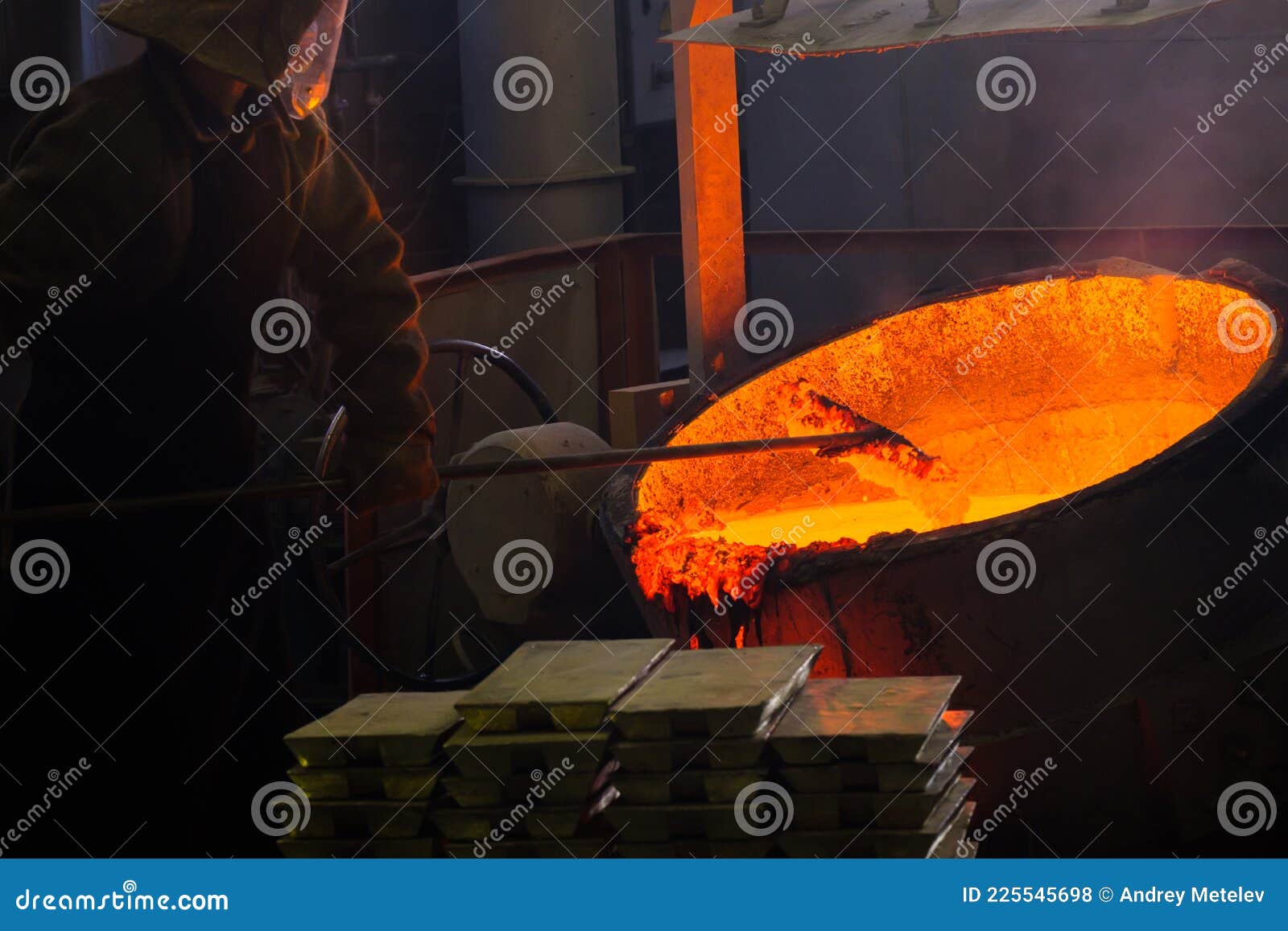 A Caster at Work at a Molten Vat with Red Metal, Hard Work in Hot ...