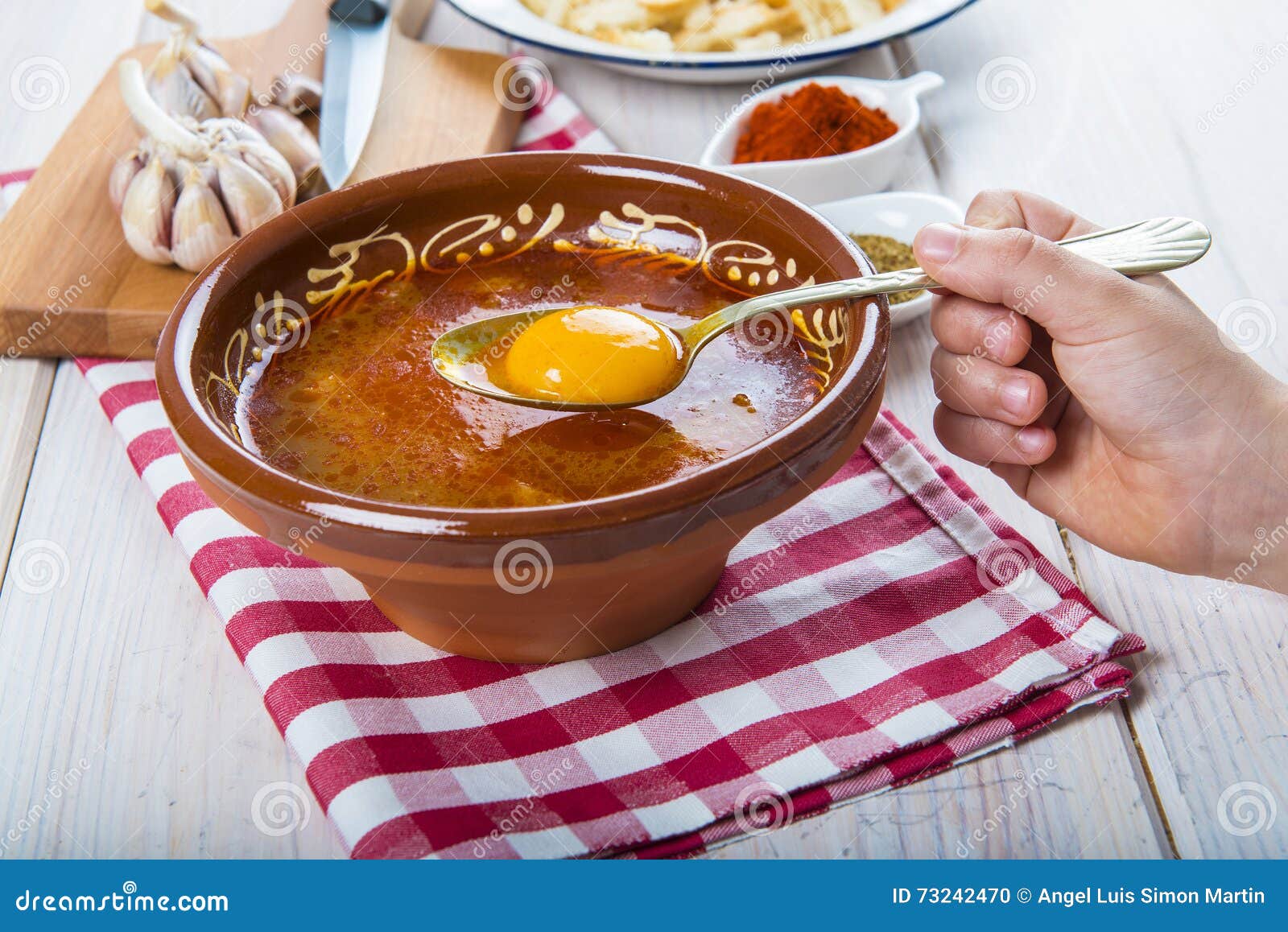 Castilian or Garlic Soup with Eggs Stock Photo - Image of spoon, bread ...