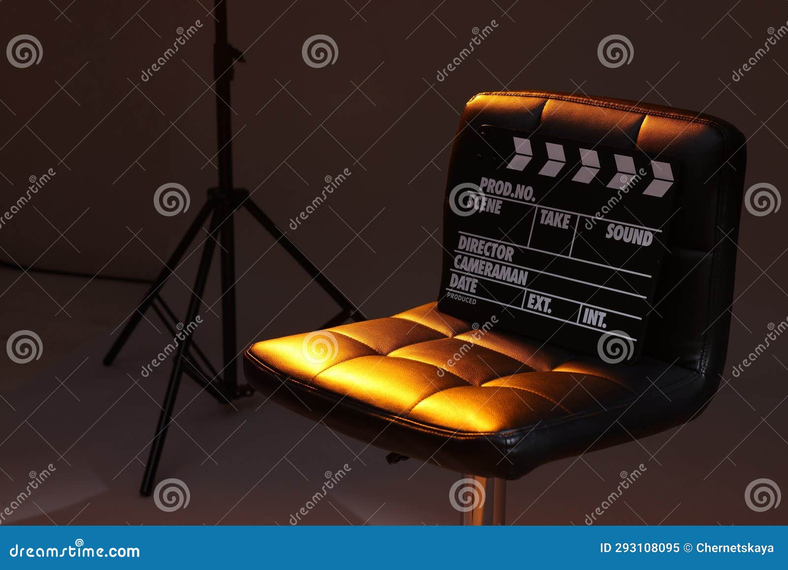 Casting Call. Chair and Clapperboard in Modern Studio, Closeup. Space ...