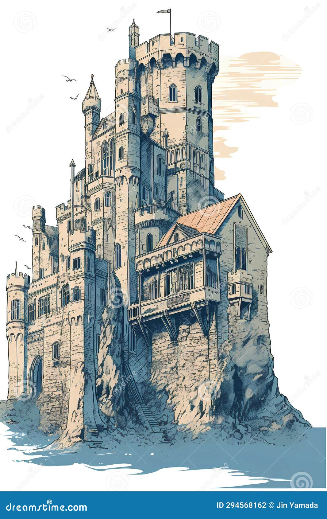 Castle on the Bank of the River. Sketch. Vector Illustration Stock ...