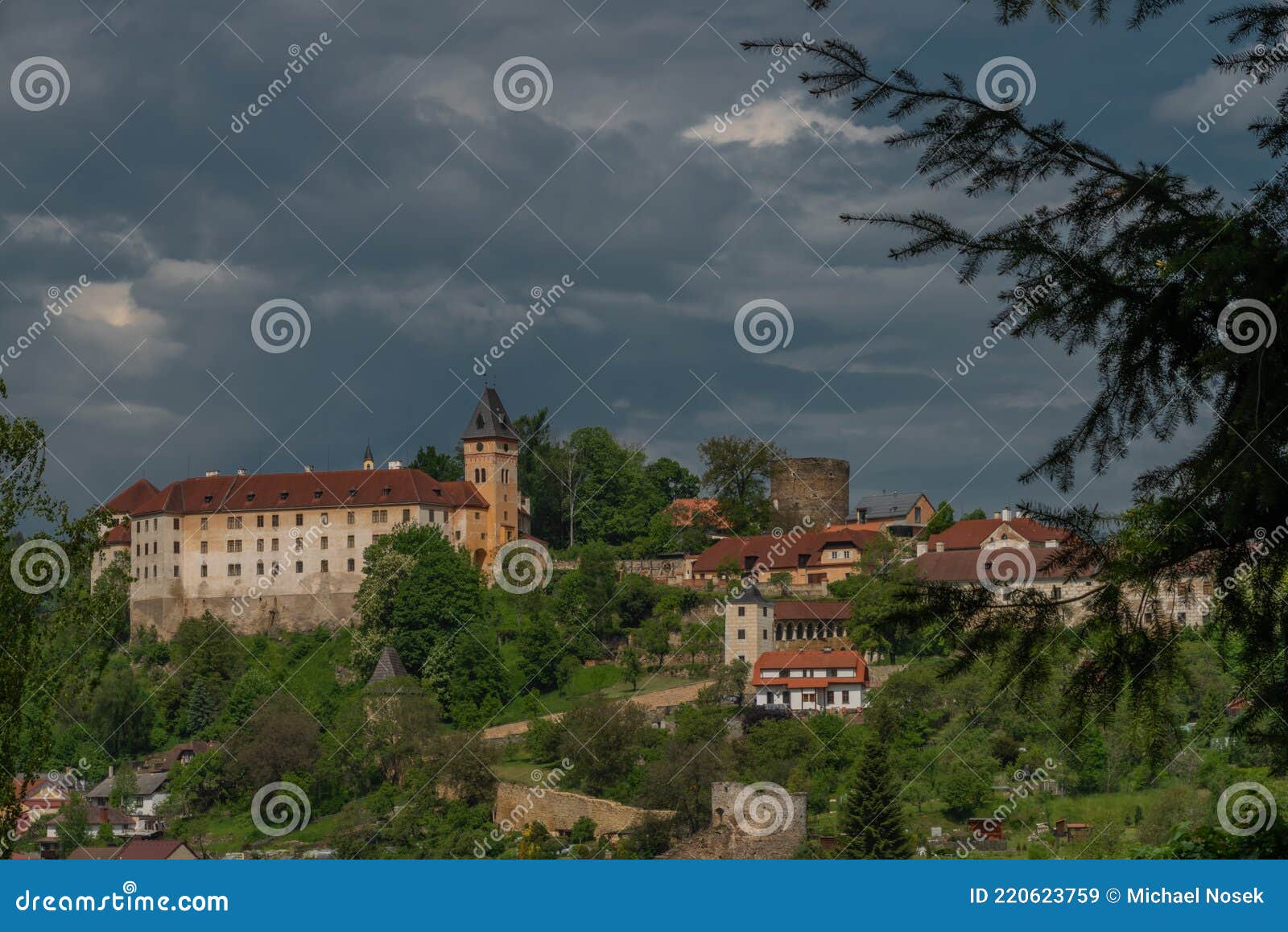 Castle on Big Hill in Vimperk Town in Spring Sunny and Cloudy Day Stock ...