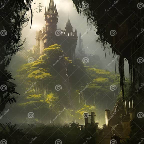Castle in the jungle stock illustration. Illustration of canopy - 265133573