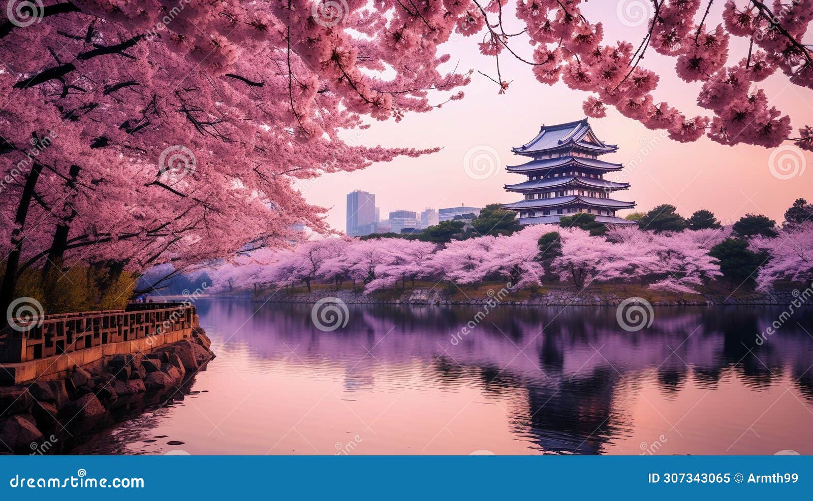 Castle with Cherry Blossom Framing in Spring Landscape Stock ...