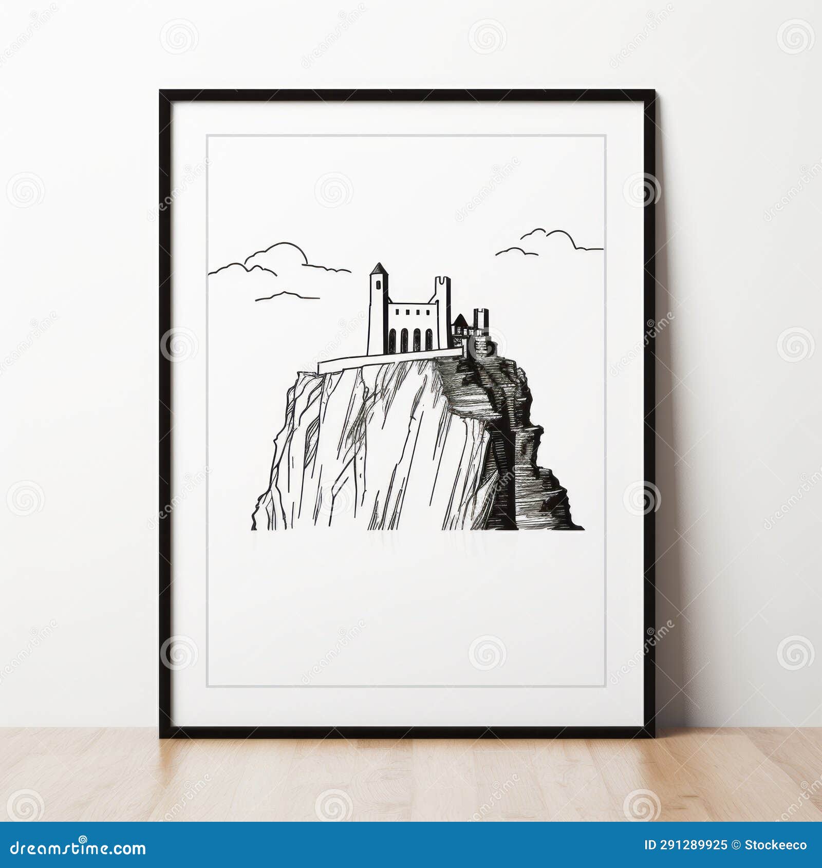 Castle and Cliffs Art Print: Graphic Black Outlines, Flat Illustrations ...