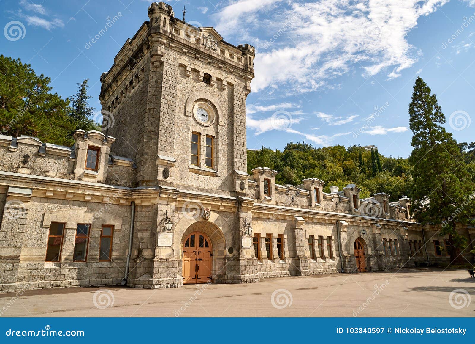 Medieval Castle with Clock Tower Stock Image - Image of clock, clouds ...