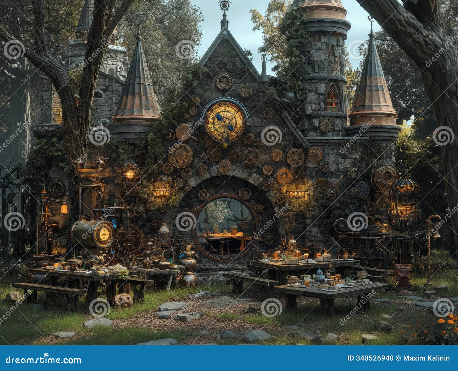 A Castle with a Clock Tower and a Large Clock on the Front Stock Photo ...