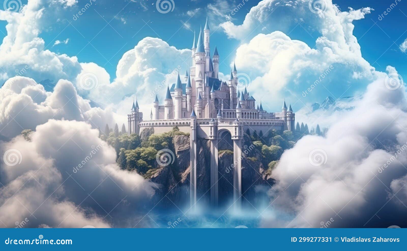 Castle in Clouds with Water Slopes and Fountains in the Sky Stock Illustration - Illustration of ...