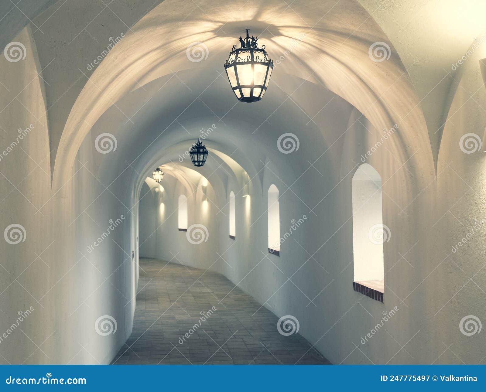Castle Corridor Lightened with Overhead Lighting. Interior of a Long ...