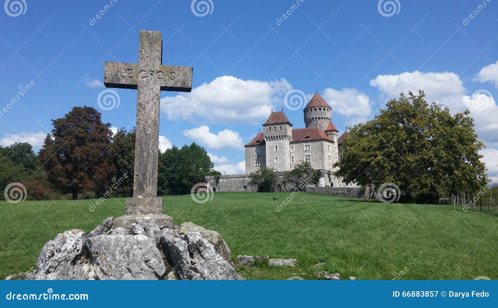 Castle and cross stock image. Image of montrottier, cross - 66883857