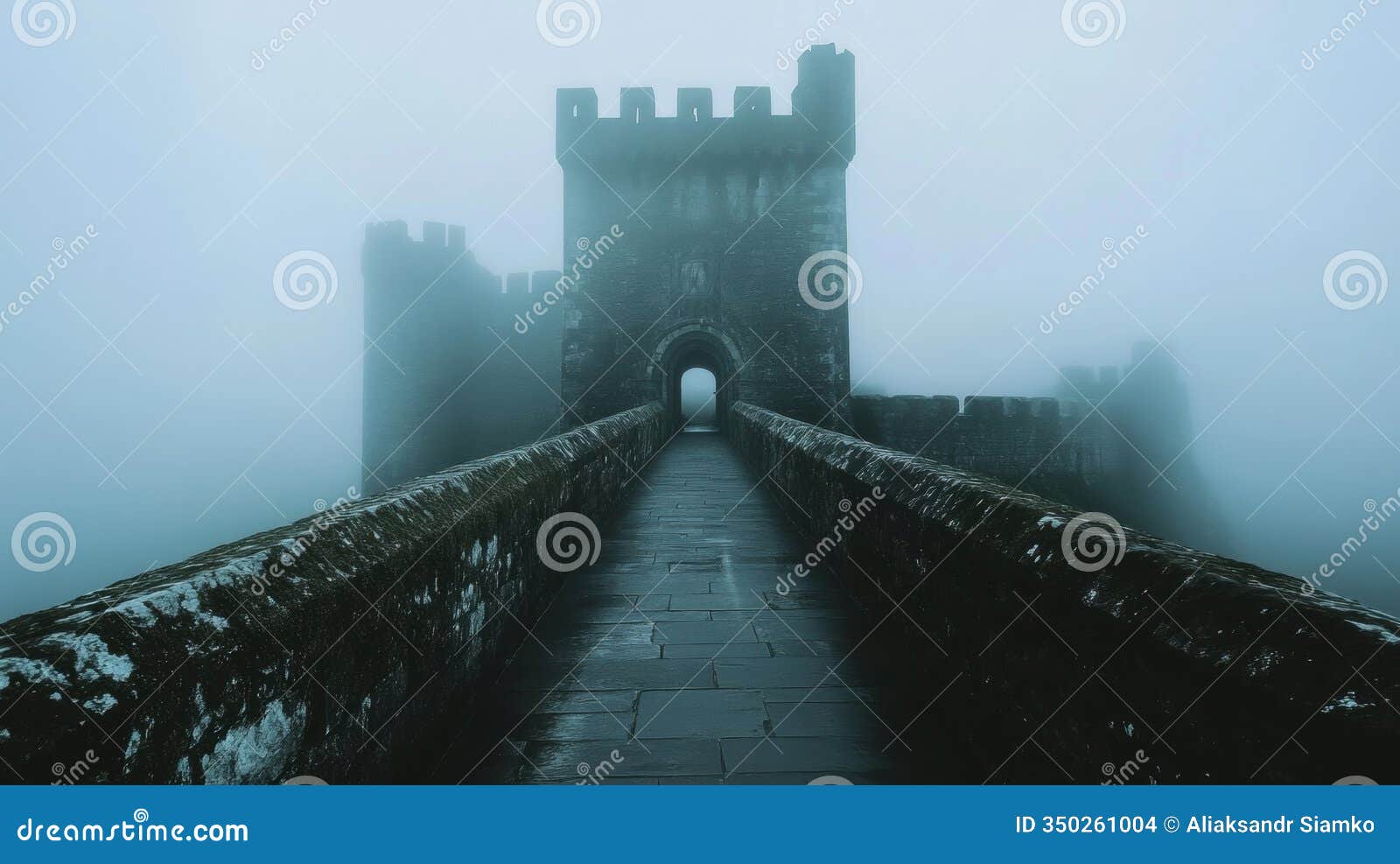 Castle Drawbridge Leading into a Mist-shrouded Fortress Stock ...