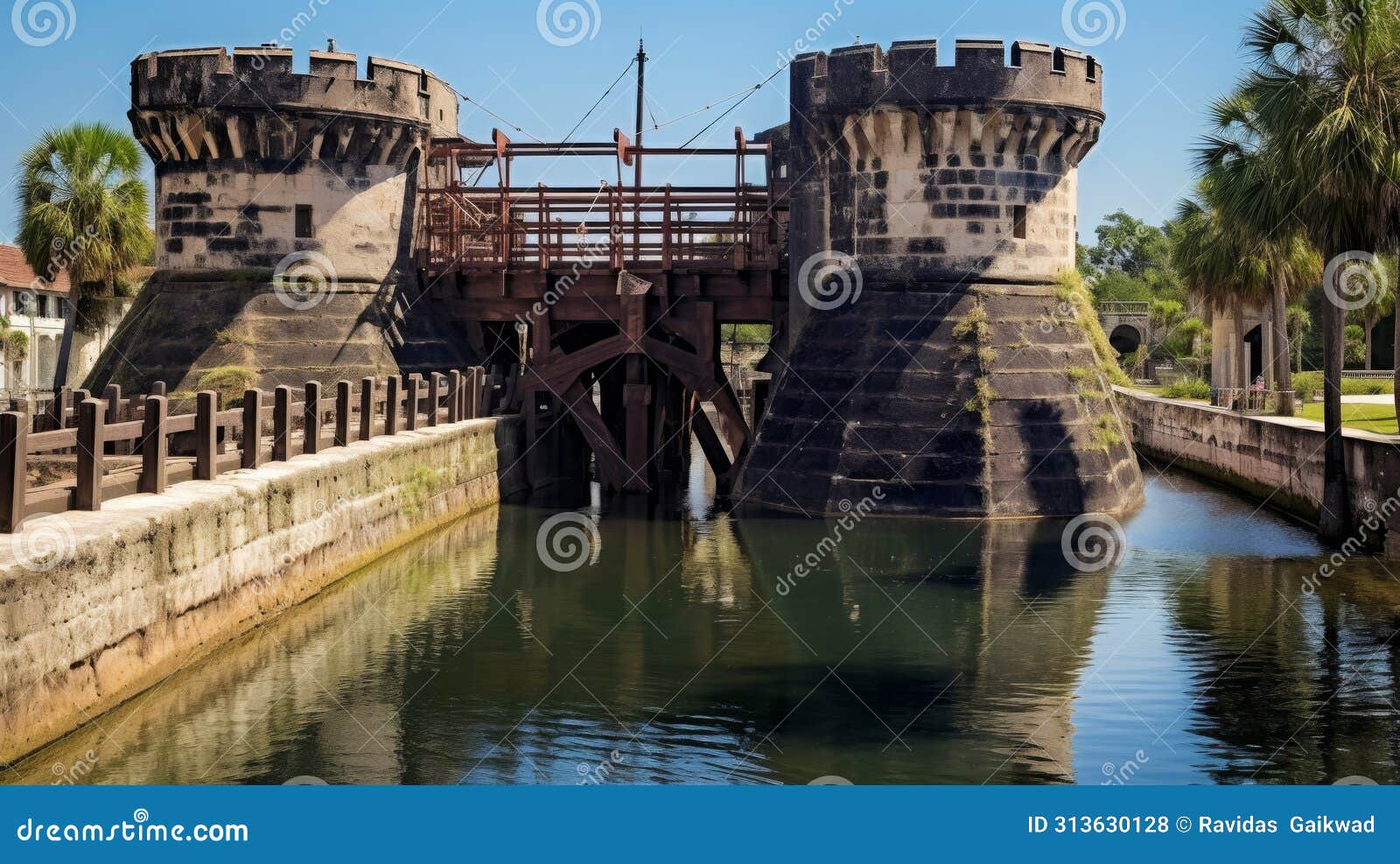 Castle Drawbridge Spanning Moat Stock Illustration - Illustration of ...