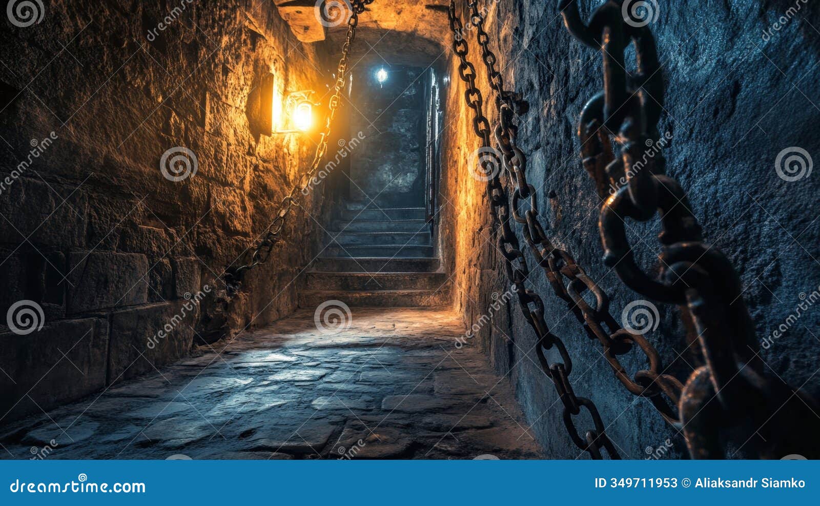 Castle Dungeon with Heavy Iron Chains and Flickering Torchlight Stock ...