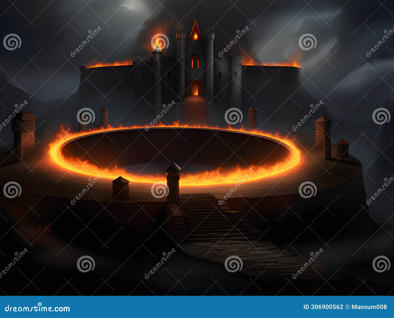 A Castle with a Fire Ring in the Middle Stock Illustration ...