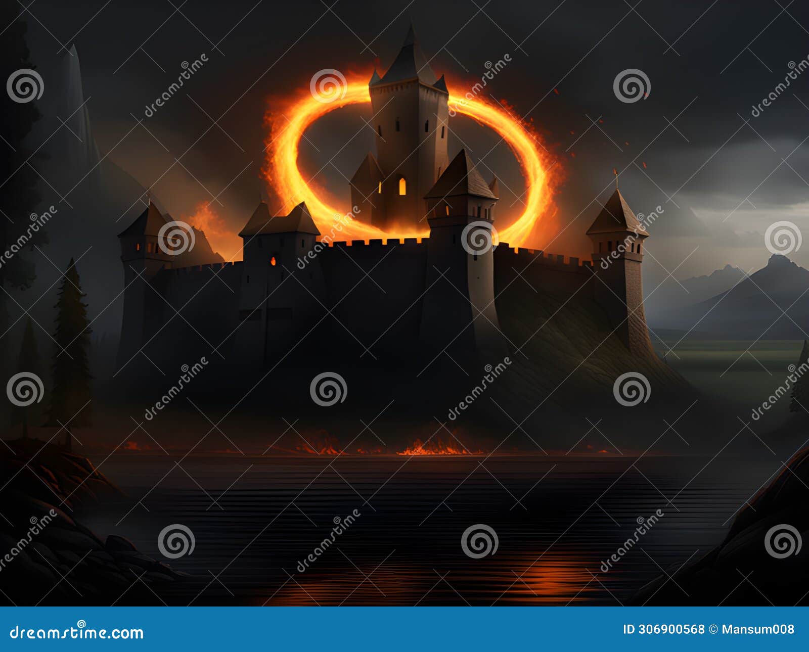 A Castle with a Fire Ring in the Middle Stock Illustration ...