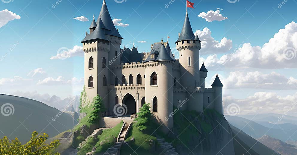 A Castle with a Flag on Top Stock Illustration - Illustration of flag ...
