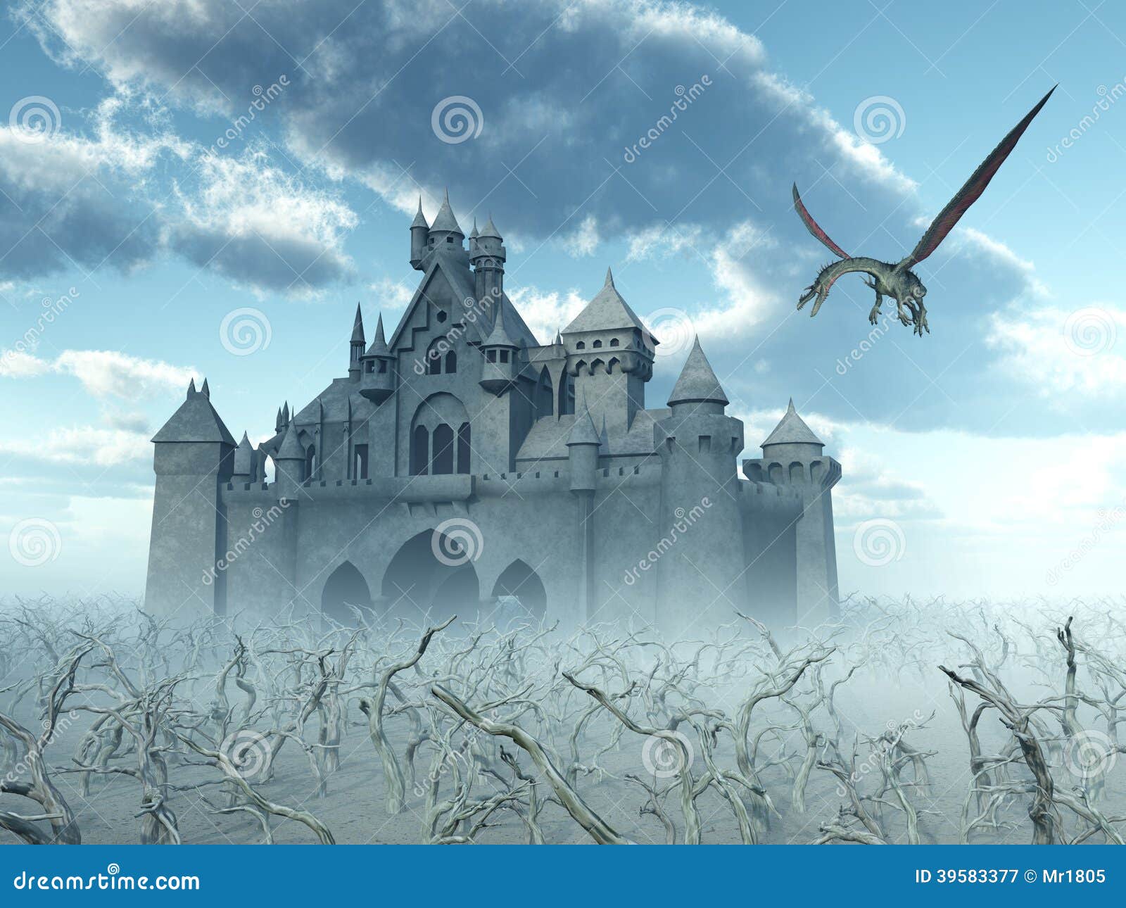 Castle and Flying Dragon stock illustration. Illustration of tower ...