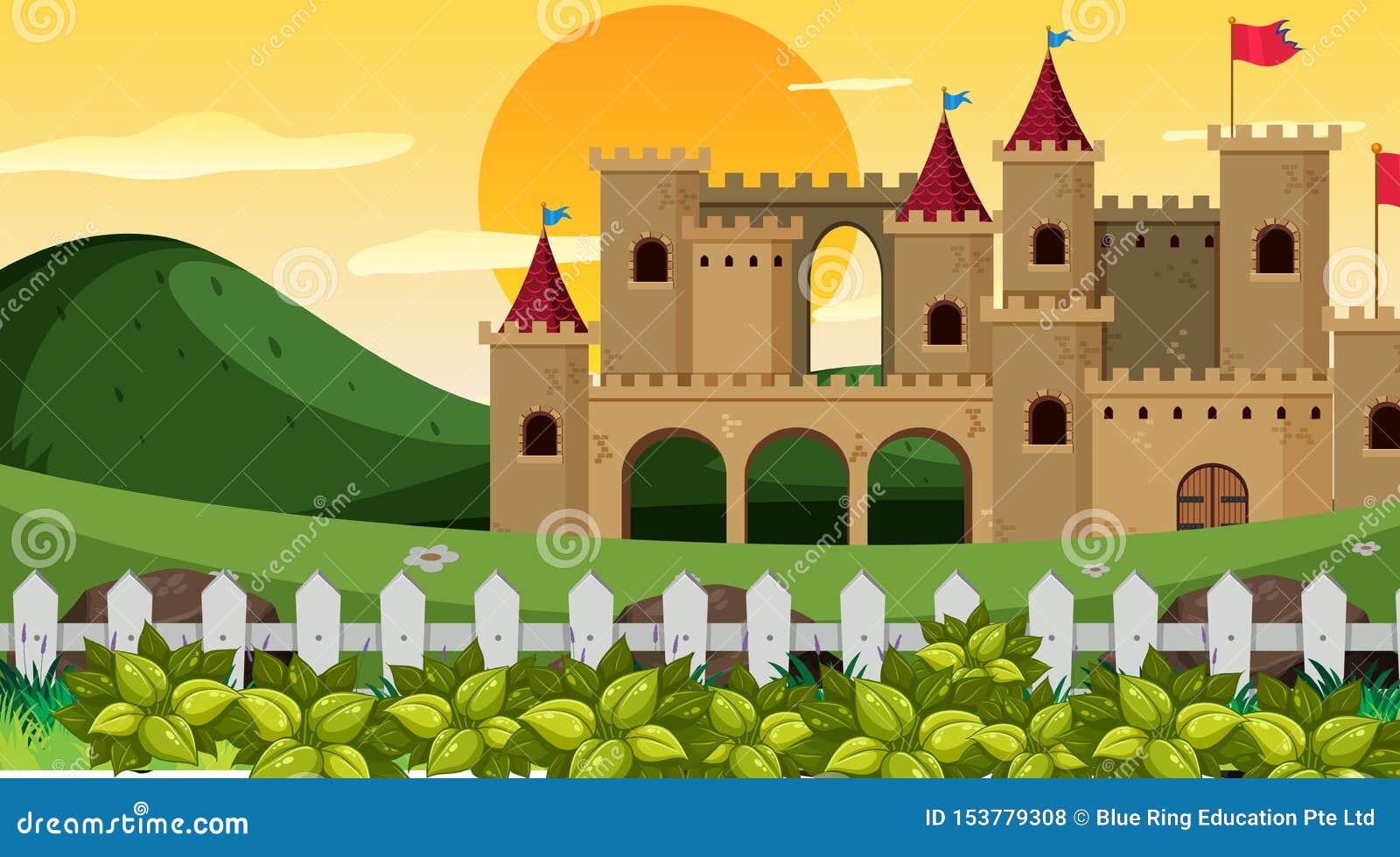 Castle in garden scene stock vector. Illustration of leaves - 153779308