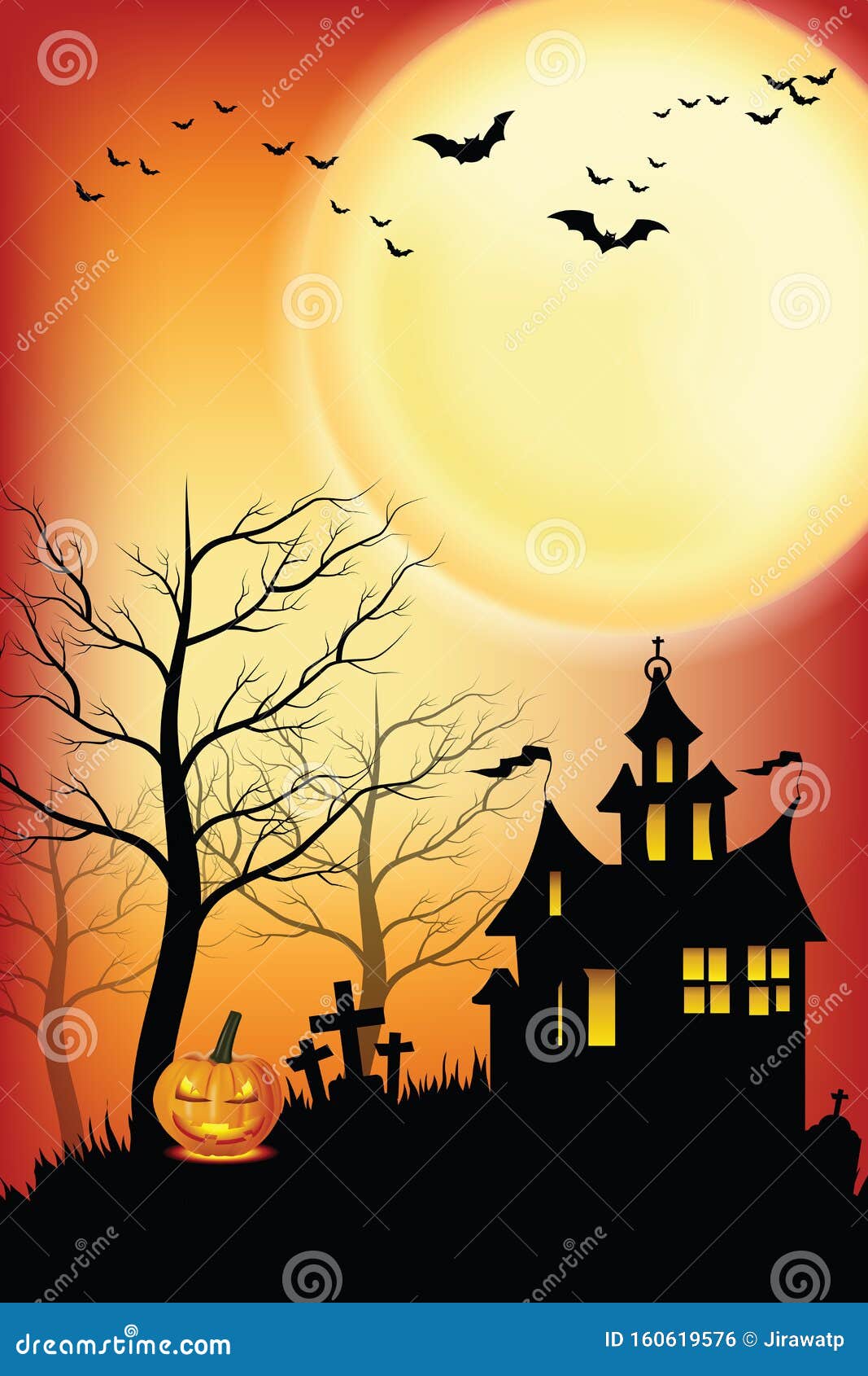 Castle, Haunted House and Ghost Hands, Tomb on Full Moon Night. Stock ...