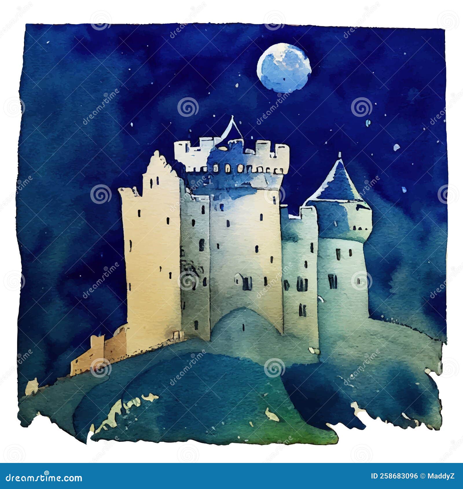 Castle on the Hill and Moon, Watercolor Illustration Stock Vector ...