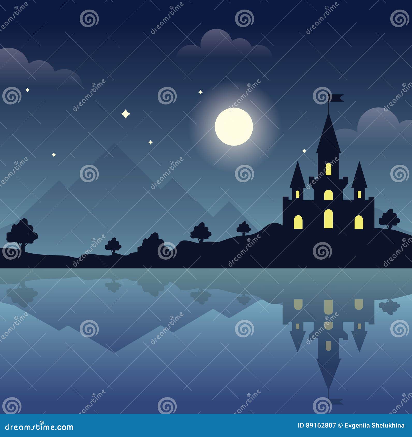 Castle on the Hills at Night. Magic Night. Reflection Stock Vector ...