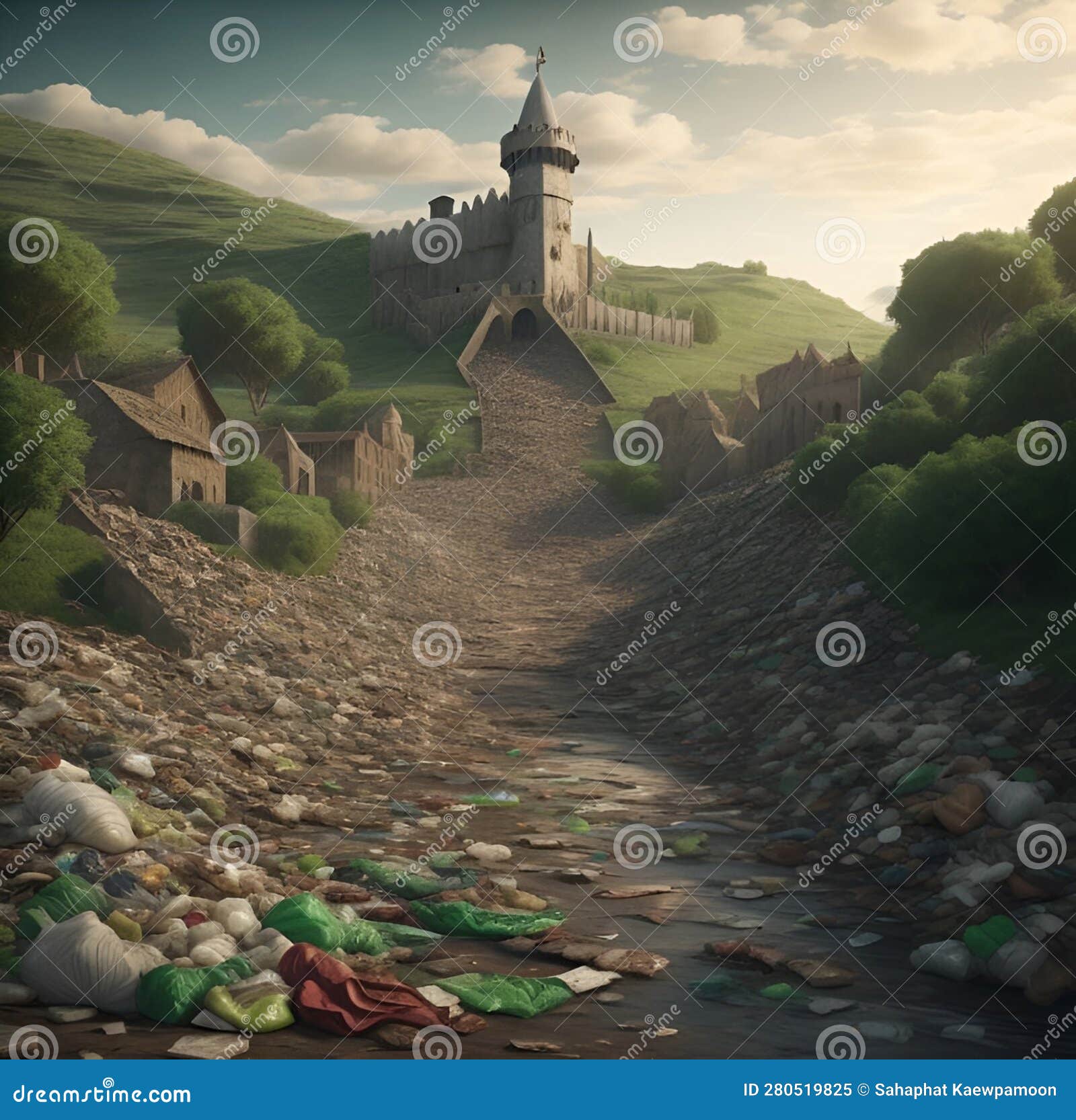 Castle on the Hillside with Garbage in the Foreground, 3d Render Stock ...