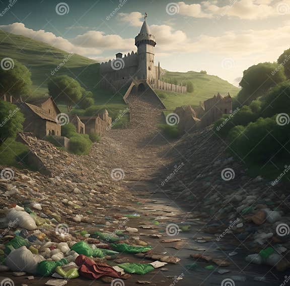 Castle on the Hillside with Garbage in the Foreground, 3d Render Stock ...