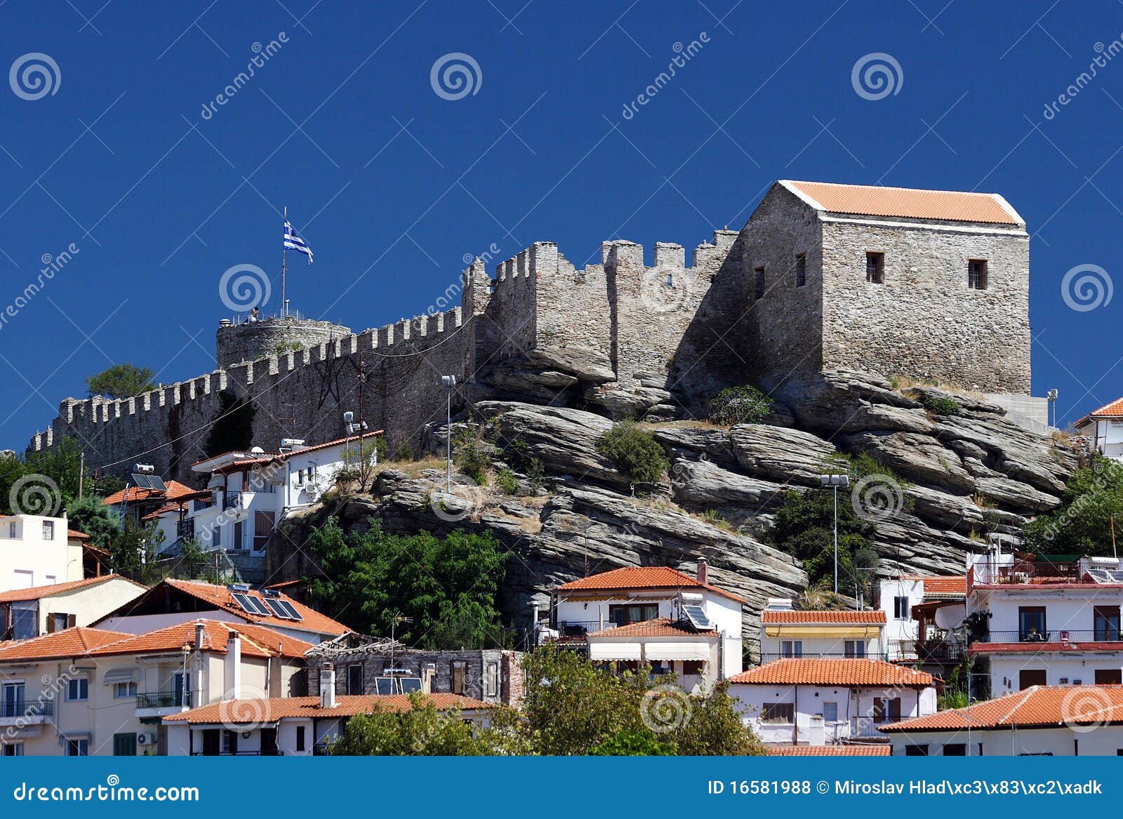 Castle in Kavala stock photo. Image of stone, flag, hill - 16581988