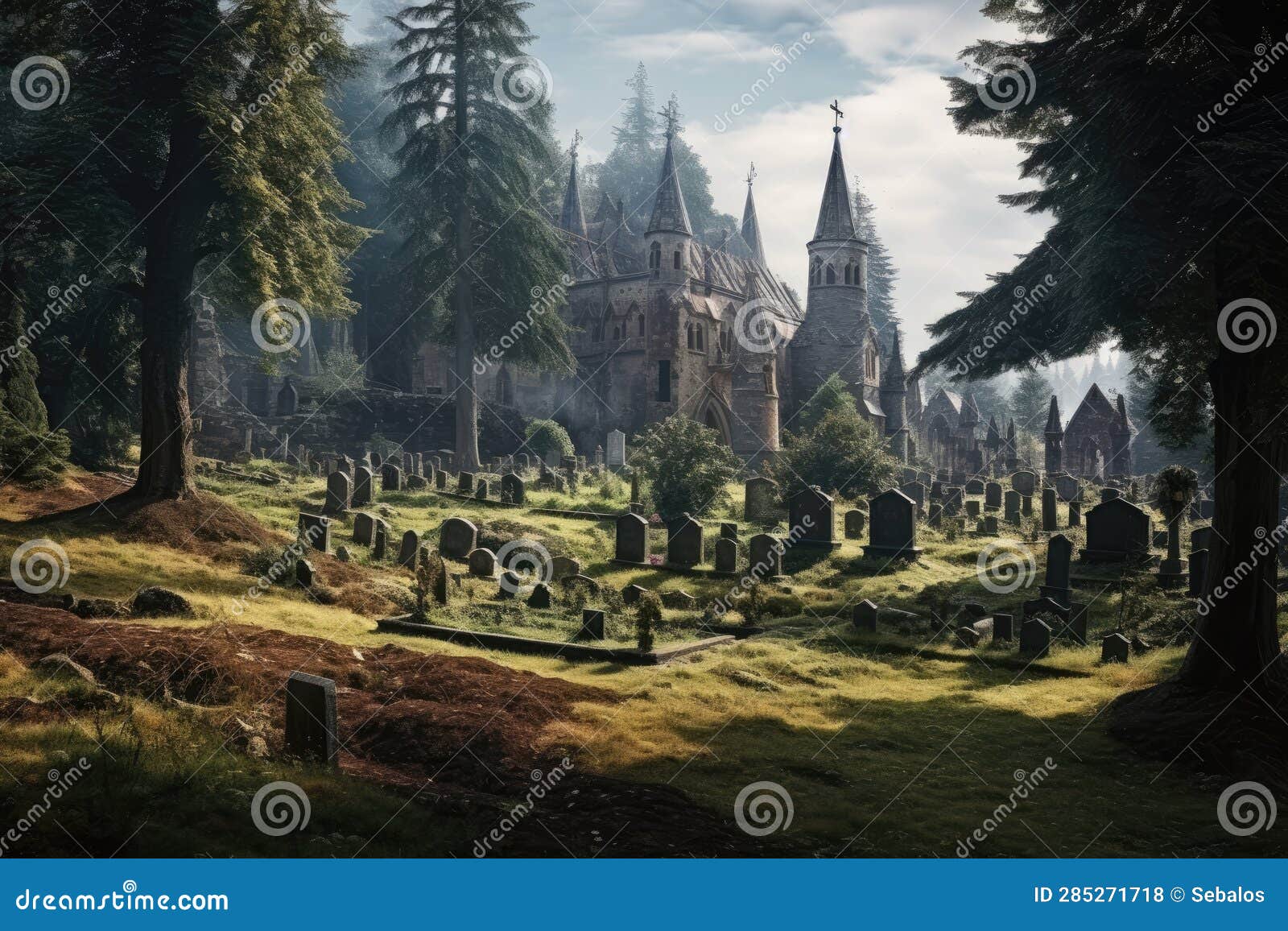 Castle Medieval Graveyard with Mausoleum and Cedar Trees Stock ...