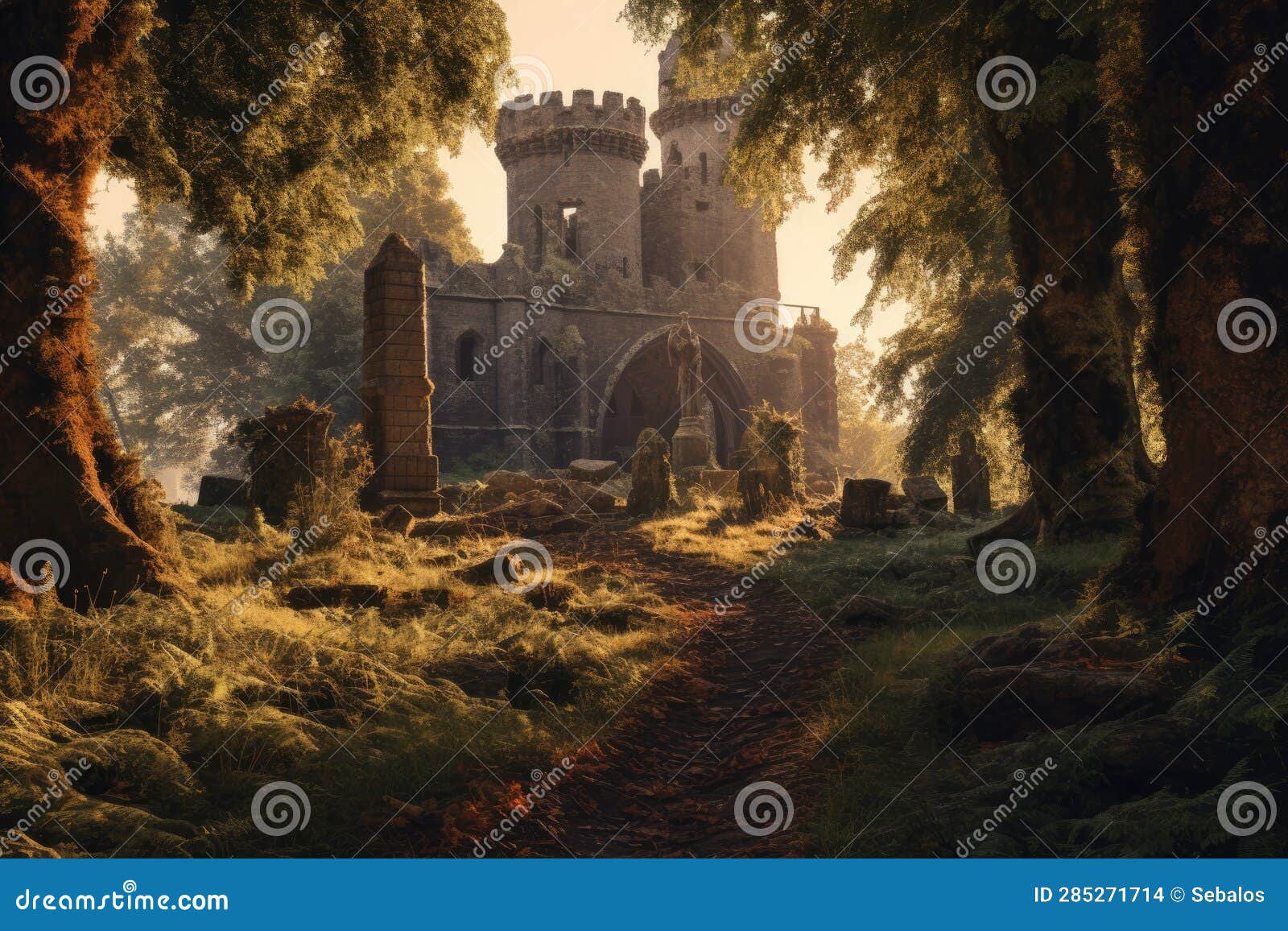 Castle Medieval Graveyard with Mausoleum and Cedar Trees Stock ...