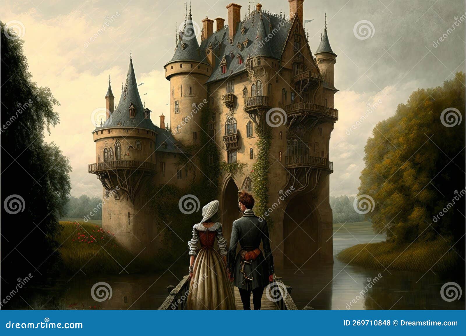 A Castle with a Moat and Drawbridge (Generative AI) Stock Illustration ...
