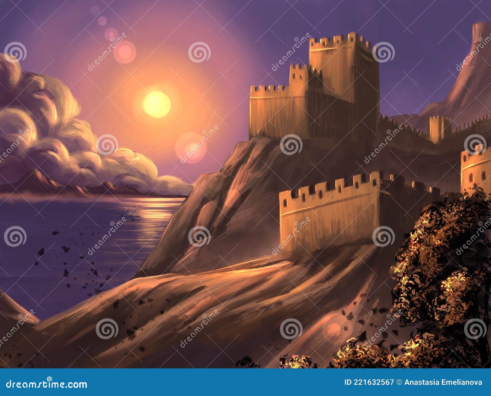 Castle in Mountains at Sunset Stock Illustration - Illustration of ...