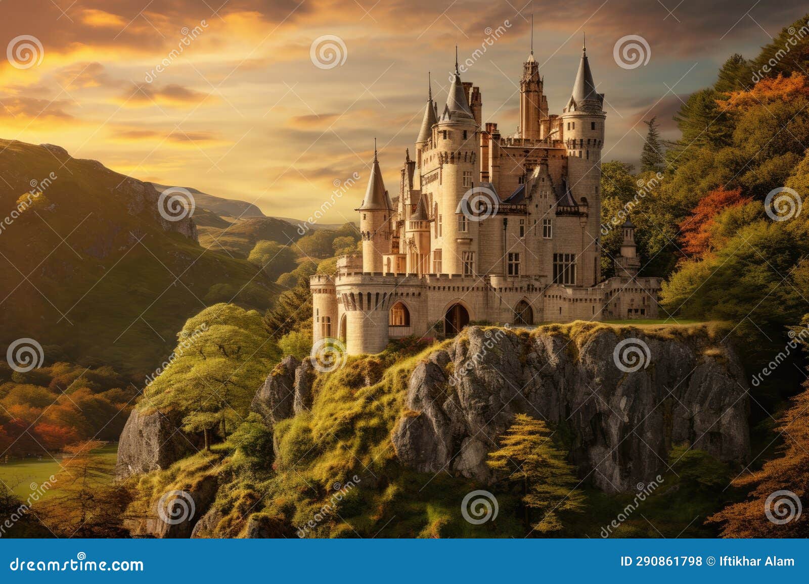Castle in the Mountains at Sunset. Fairytale Landscape Stock ...
