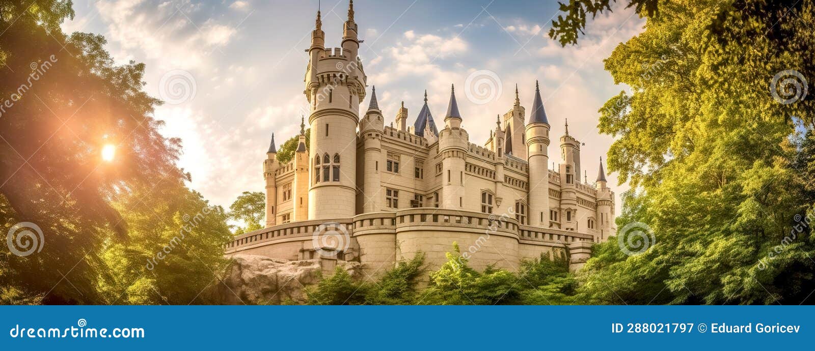 Castle in Nature, Blue Sky and Trees, Banner Stock Illustration ...