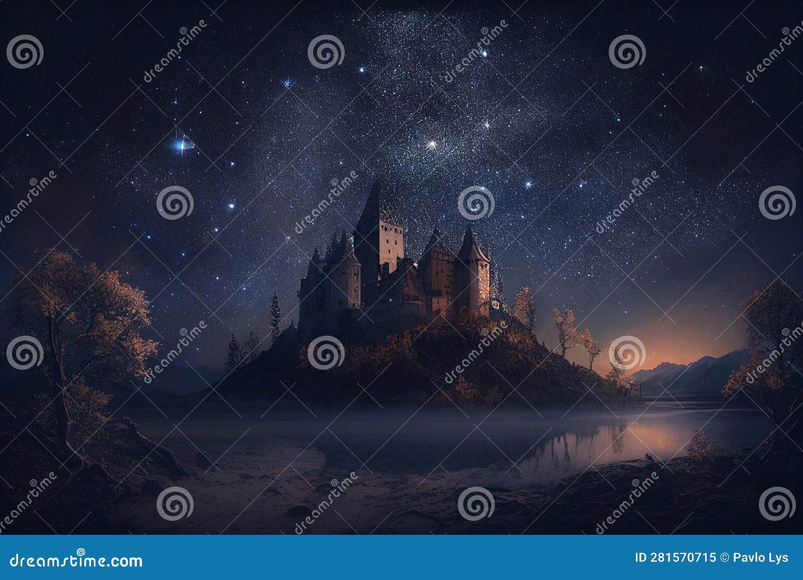 Castle and Night with Stars. Night Landscape Stock Illustration ...