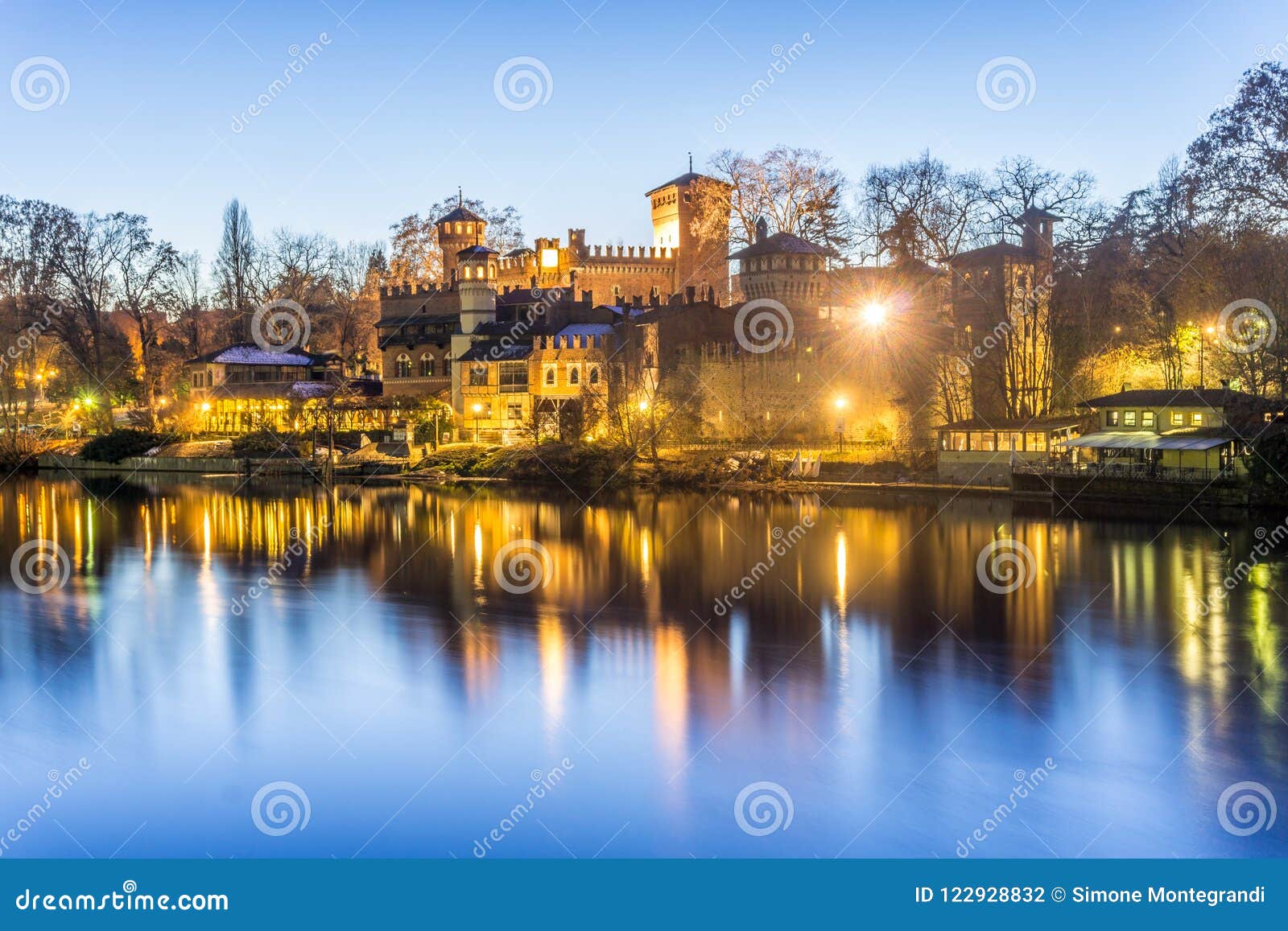 Castle at the Park of Valentino in Turin. Panorama of Turin at Blue ...