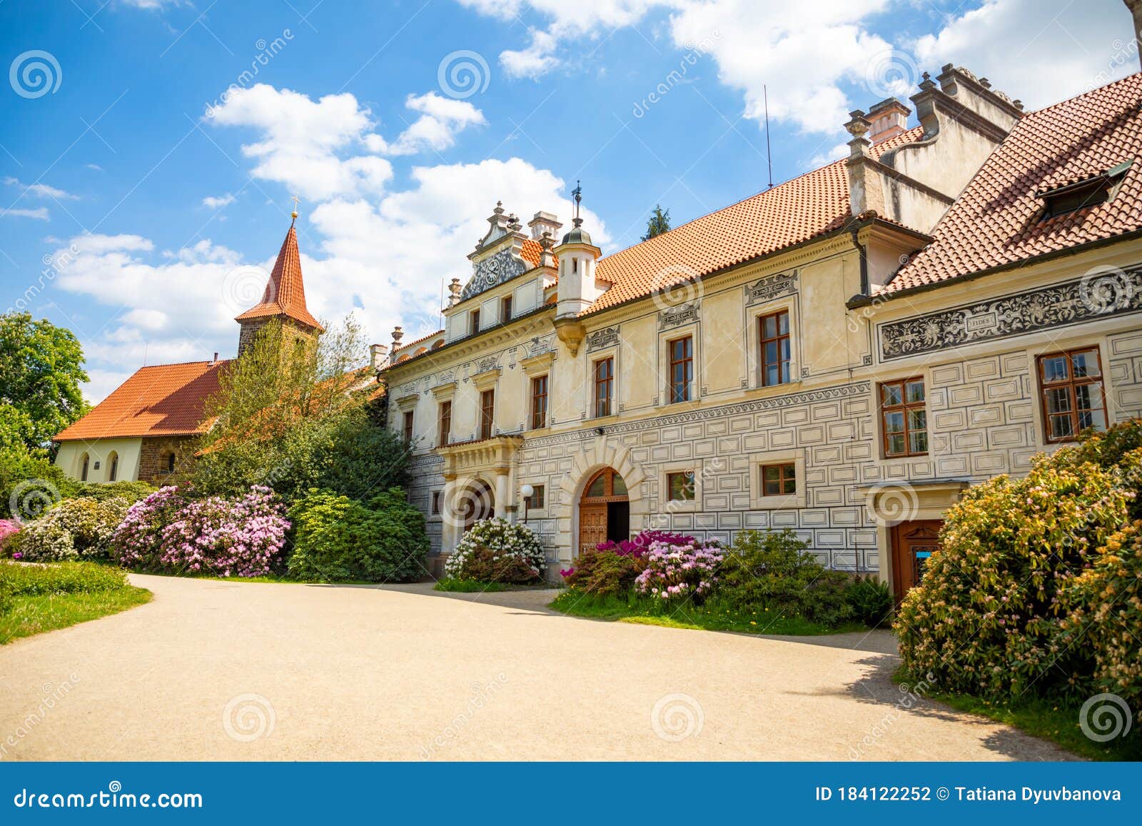 Castle with Reflection in Pond in Spring Time in Pruhonice, Czech ...